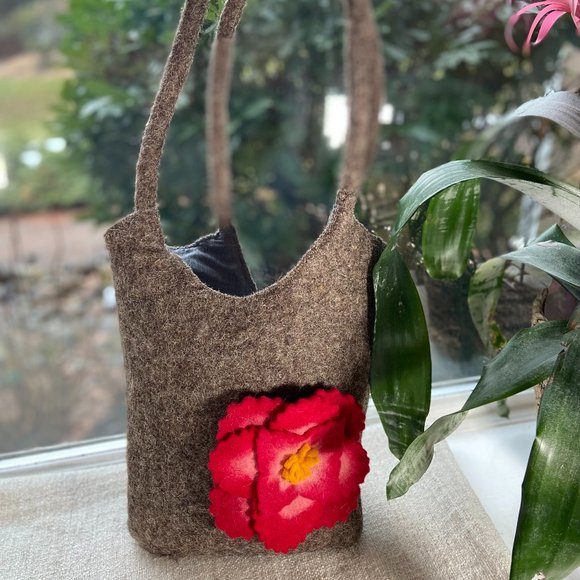 Bags | Handcrafted Felted Wool Bucket Bag With Hibiscus Bloom | Poshmark